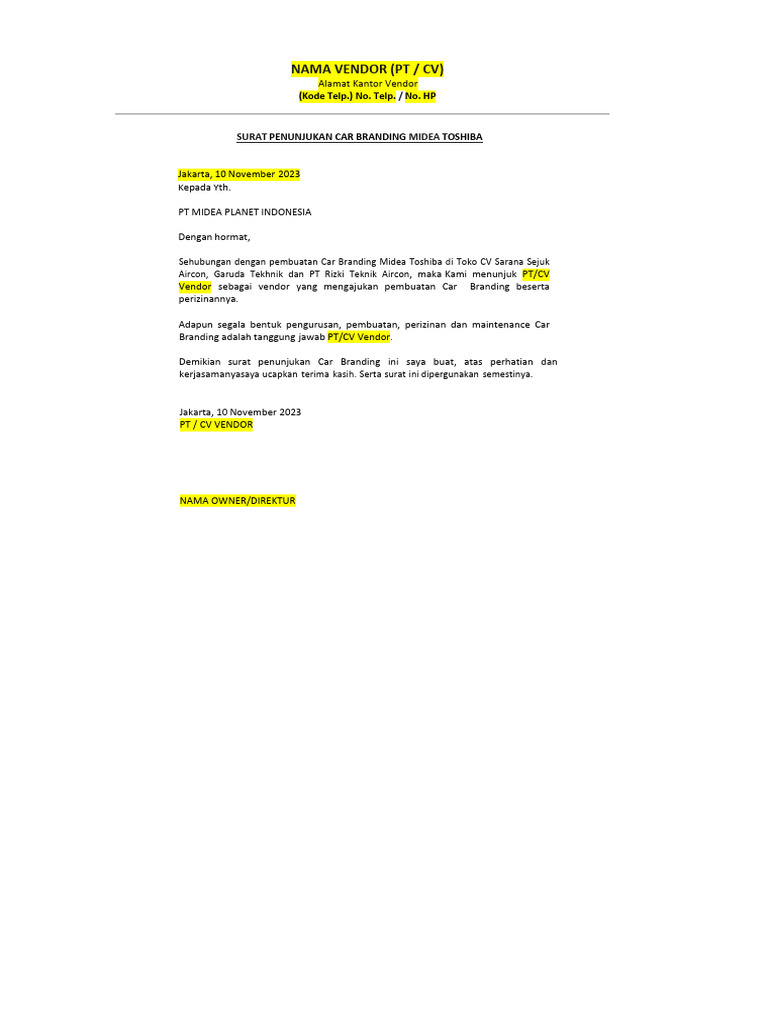 Surat Penunjukan Vendor (Template) - Car Branding (Ssa) | PDF