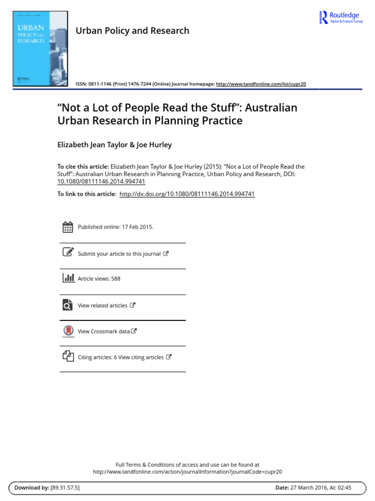 “Not a Lot of People Read the Stuff” Australian Urban Research in ...