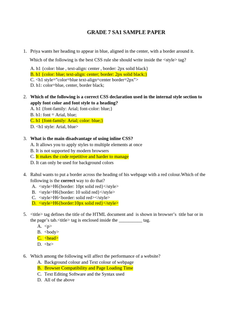 Grade 7 Sa1 Sample Paper_2025 | PDF | Html Element | Html