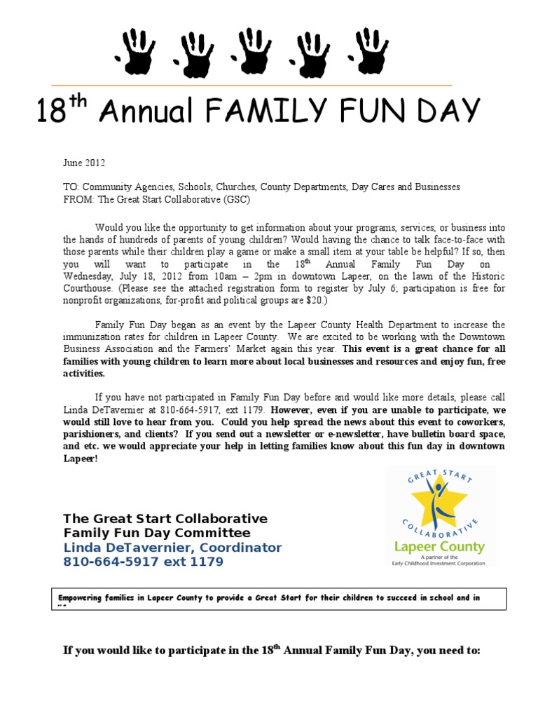 Family Fun Day 2012 Participant Letter & Registration | PDF | Business