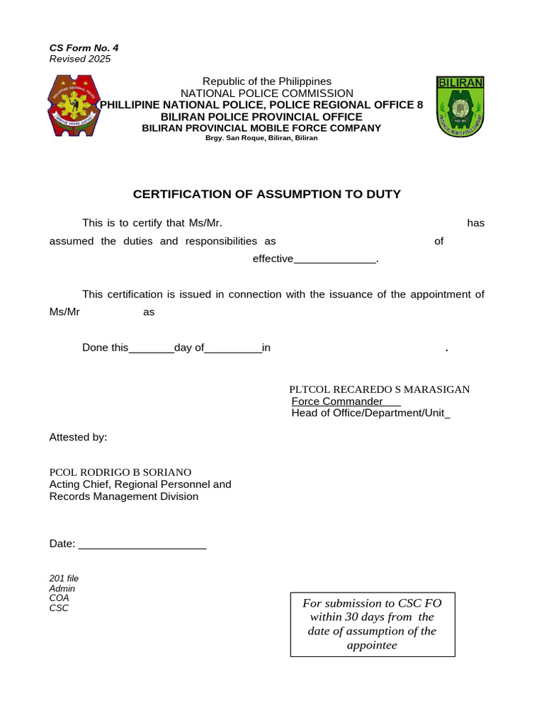 Cs Form No 4 Revised 2025 Certificate of Assumption To Duty | PDF