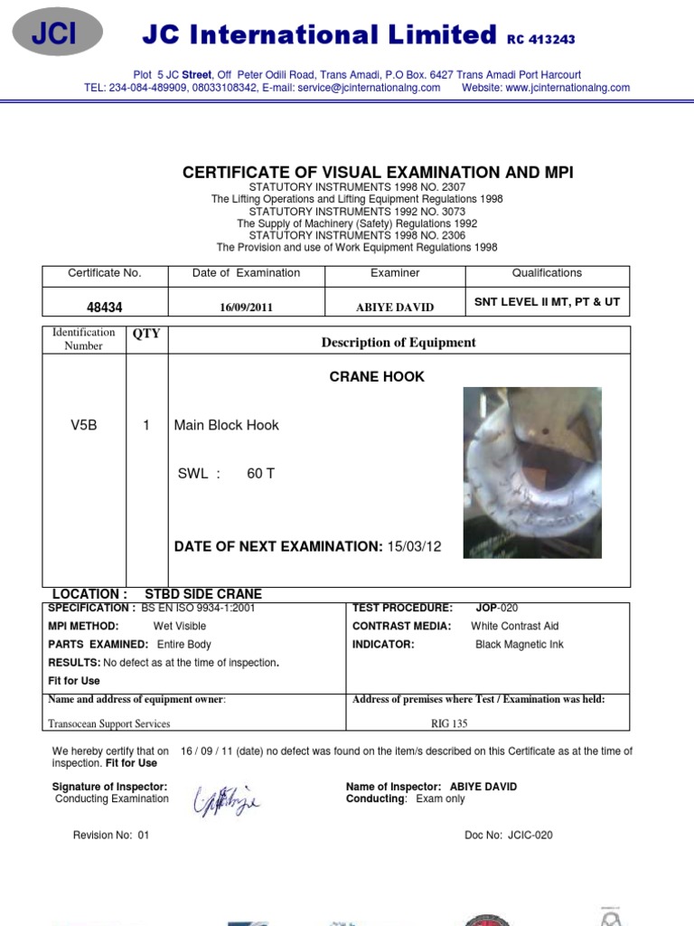 Certificate of Visual Examination and Mpi: Description of Equipment ...