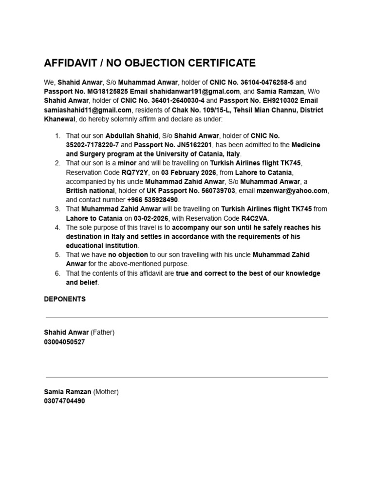 Affidavit _ No Objection Certificate | PDF
