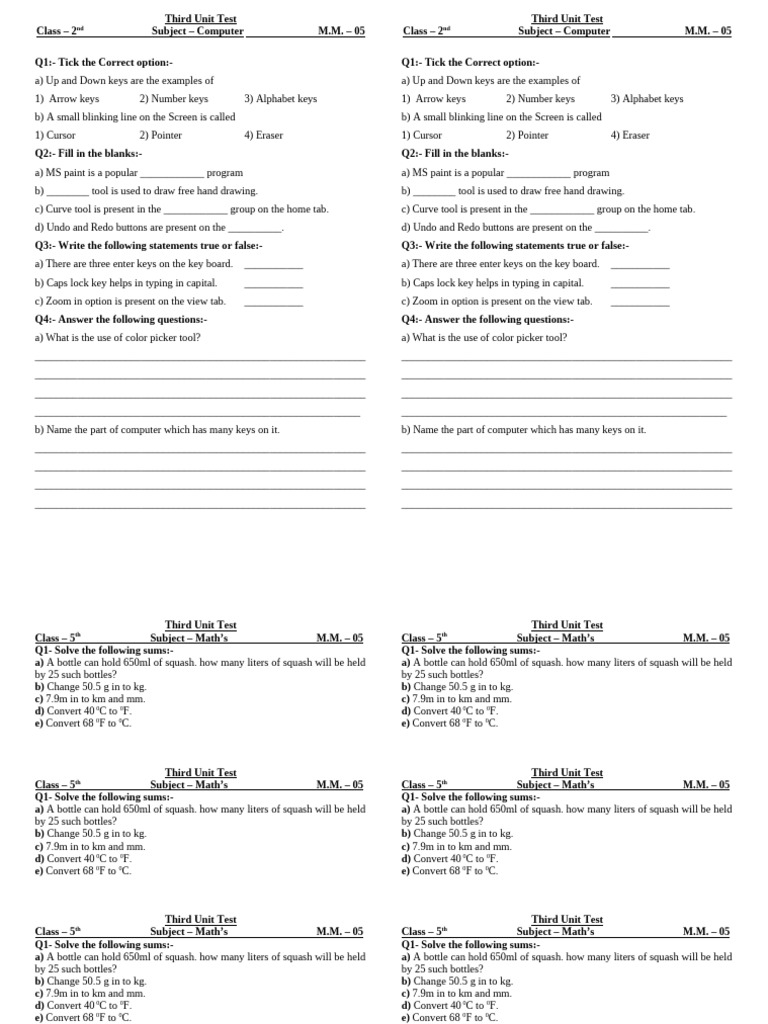 Class 2 & 5 Unit Test Questions | PDF | Cursor (User Interface)