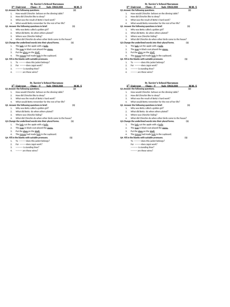Class v 2nd Unit Test | PDF