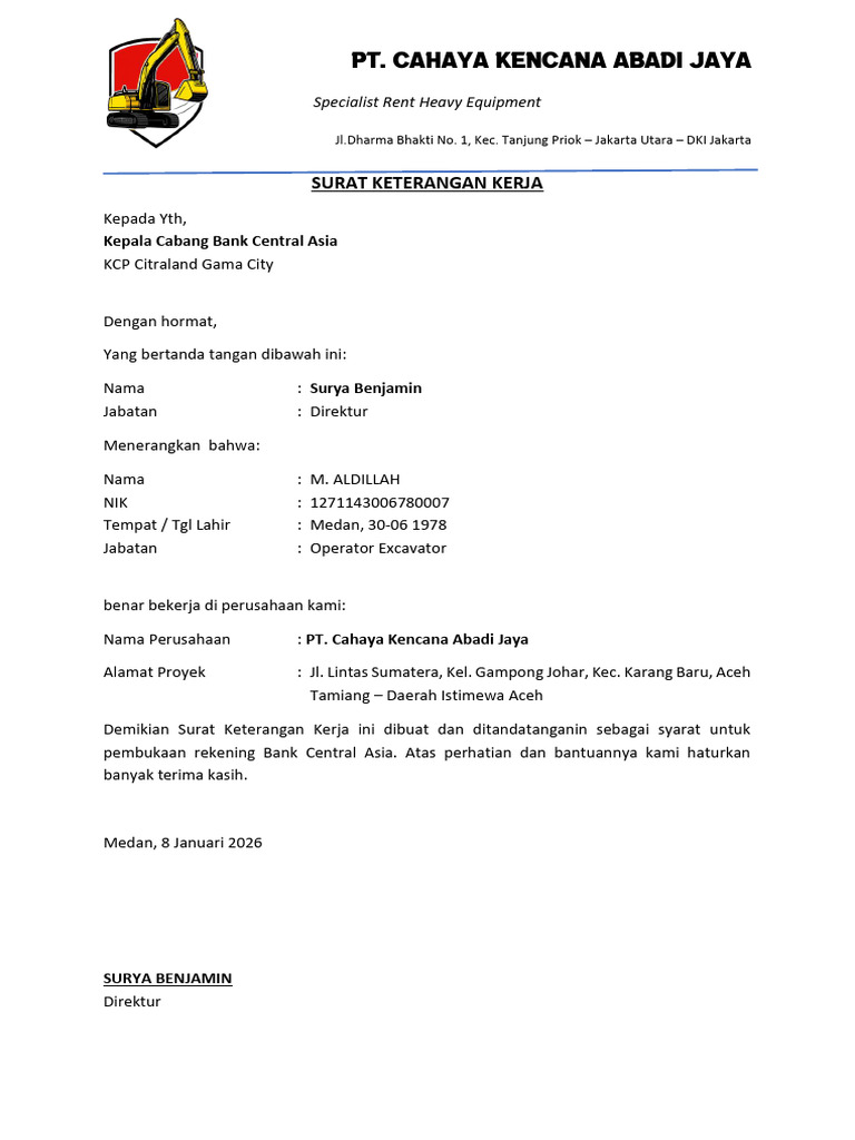 Surat Keterangan Kerja PT Cahaya Kencana | PDF