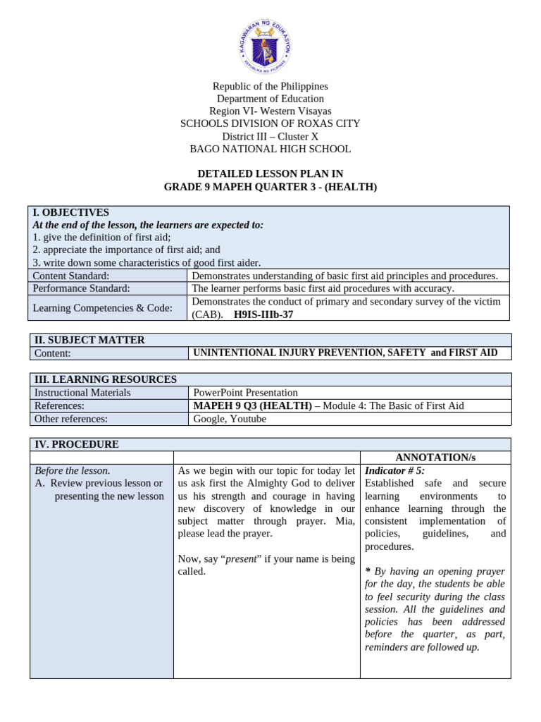 Grade 9 MAPEH First Aid Lesson Plan | PDF | First Aid | Emergency
