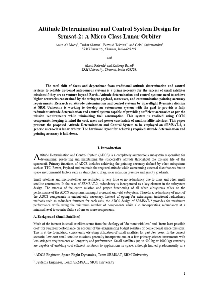 Attitude Determination and Control System Design for Srmsat-2 a Micro ...