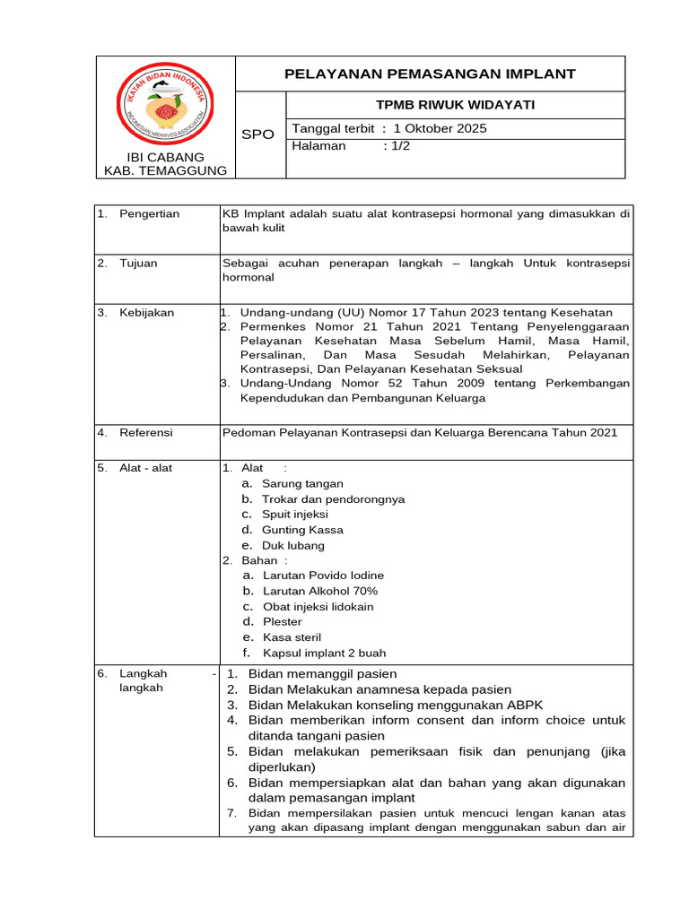 Panduan Pemasangan KB Implant Temanggung | PDF