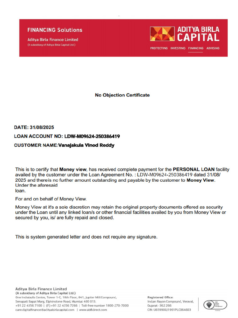 NOC For V Vinod Reddy | PDF
