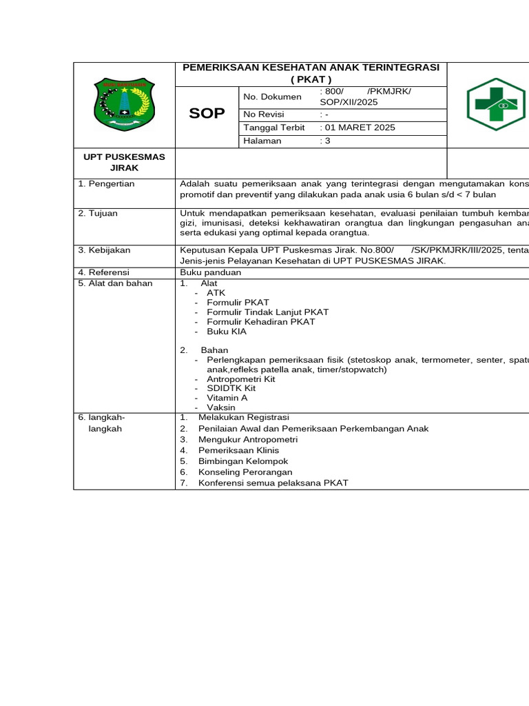 SOP Pemeriksaan Kesehatan Anak Terintegrasi | PDF