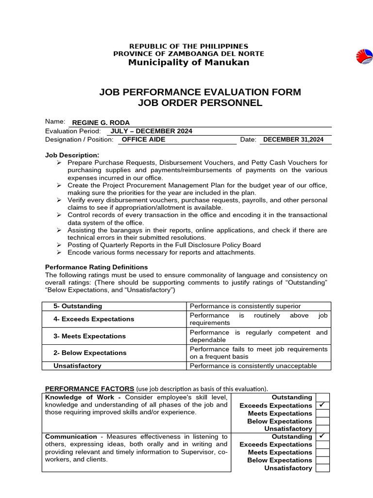 Job Performance Evaluation: Office Aide | PDF | Performance Appraisal ...