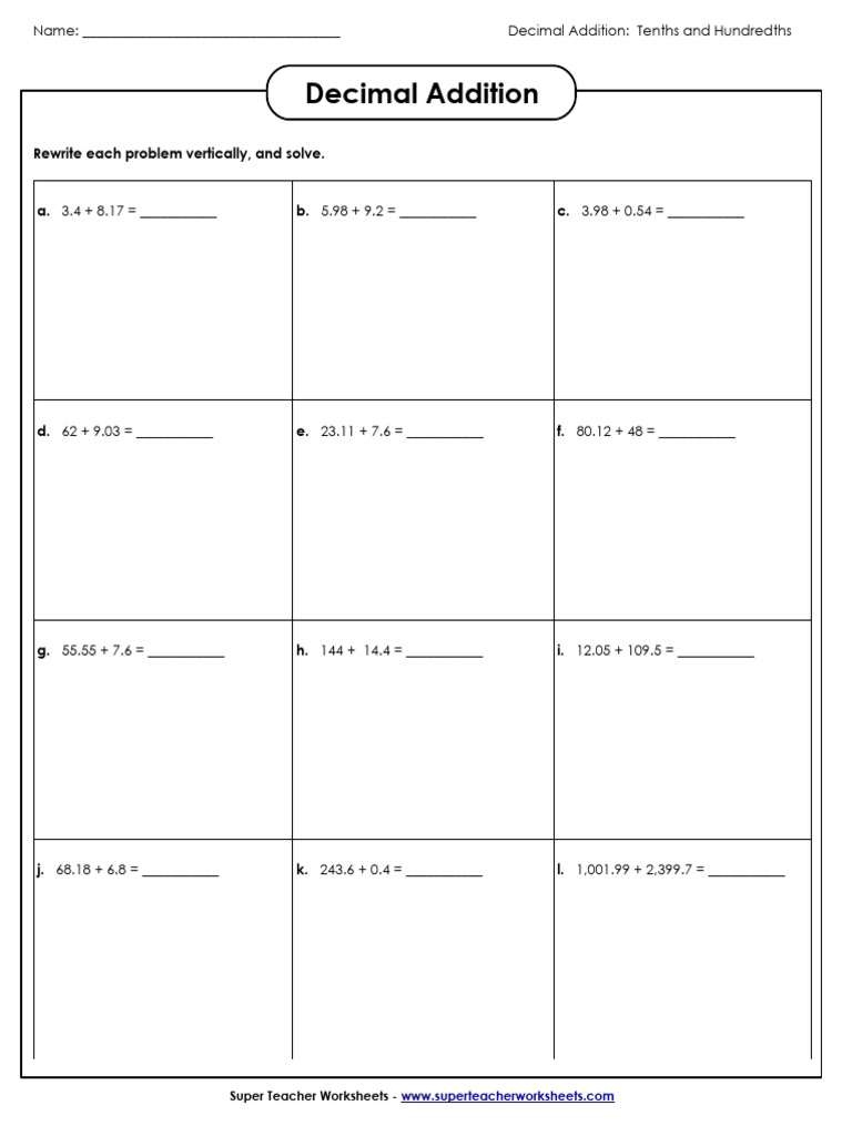 Decimal Addition Hundredths BOXES | PDF