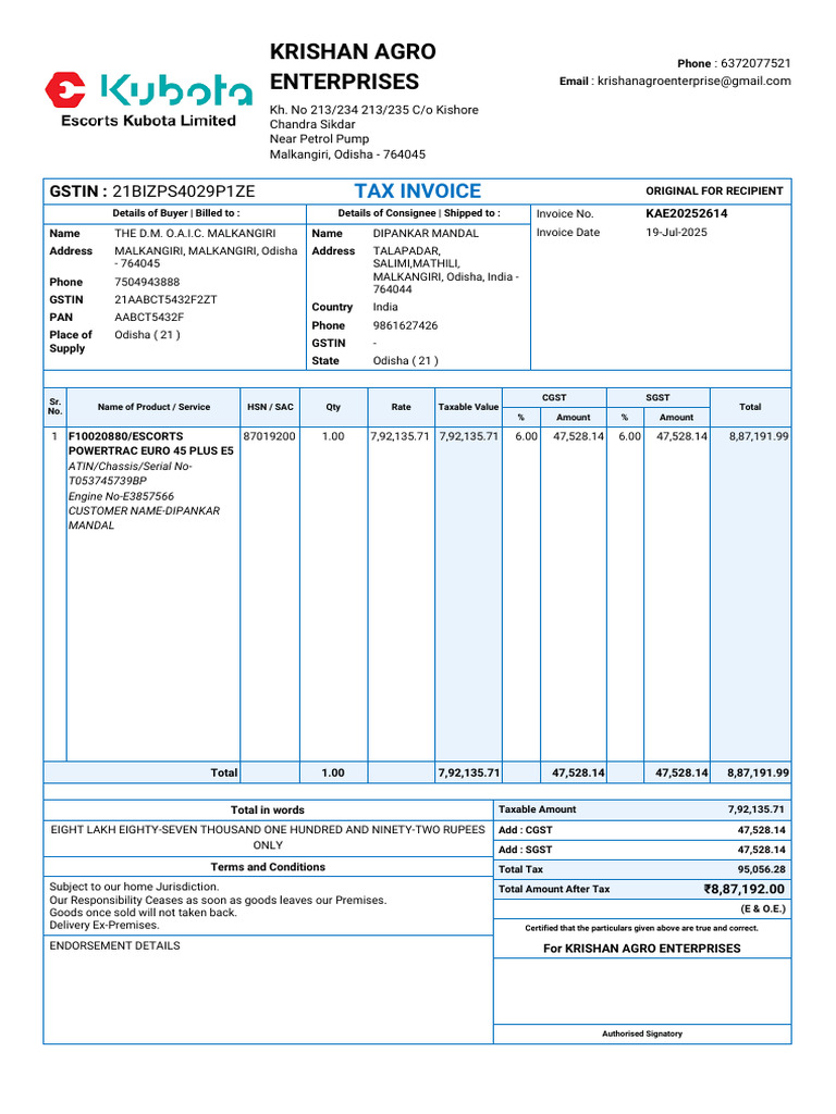 Invoice Kae20252614 the d m o a i c Malkangiri the Orissa Agro ...