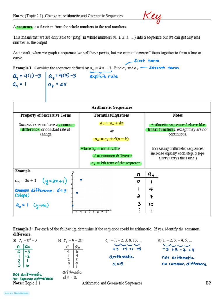 Notes Topic 2.1 Change in Arithmetic and Geometric Sequences KEY | PDF ...