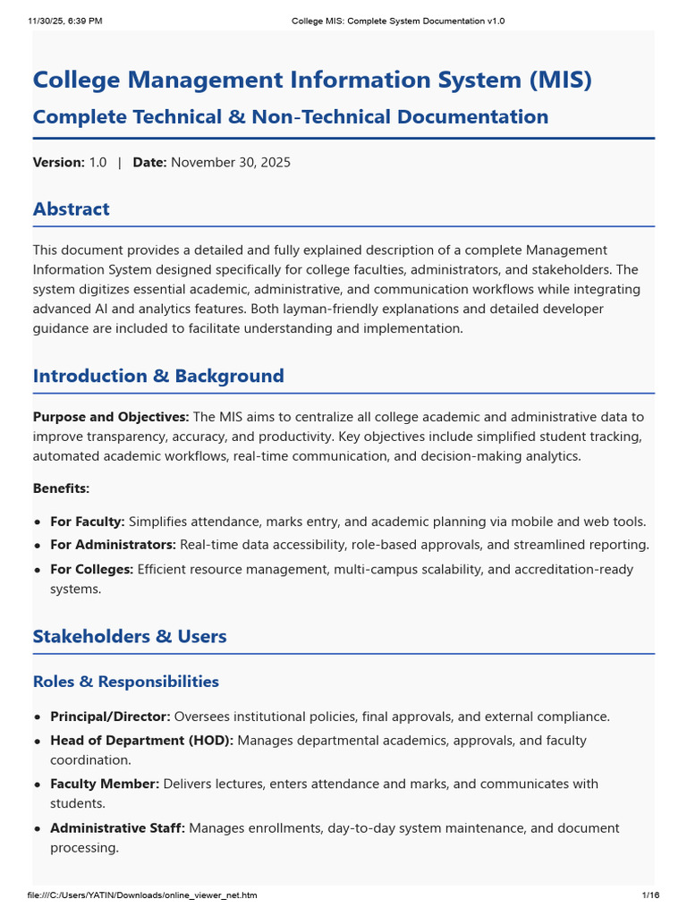 College MIS - Complete System Documentation v1.0 | PDF | Databases ...