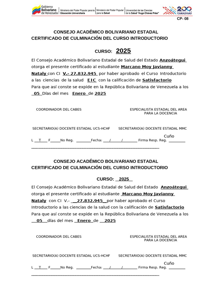 CERTIFICADO CULMINACION CICS | PDF