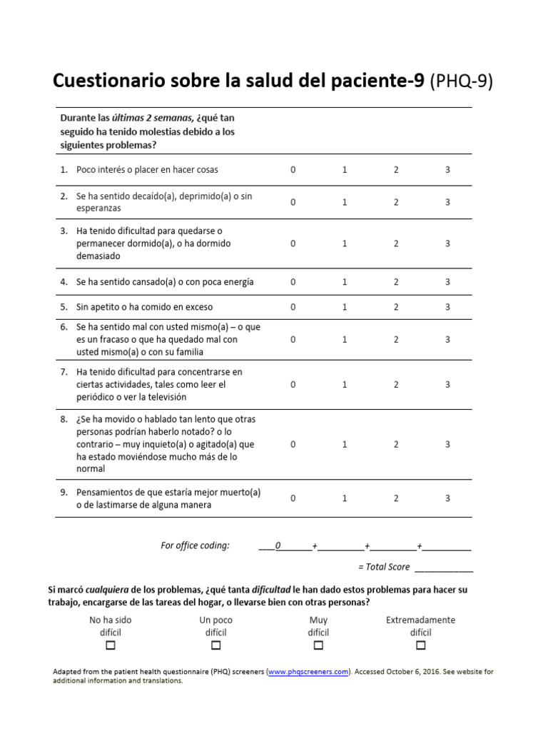 Cuestionario PHQ-9 para Evaluar Depresión | PDF