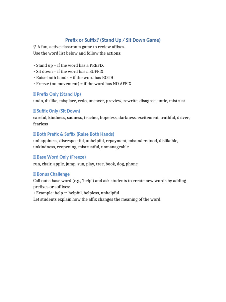 Prefix or Suffix Game Full List | PDF