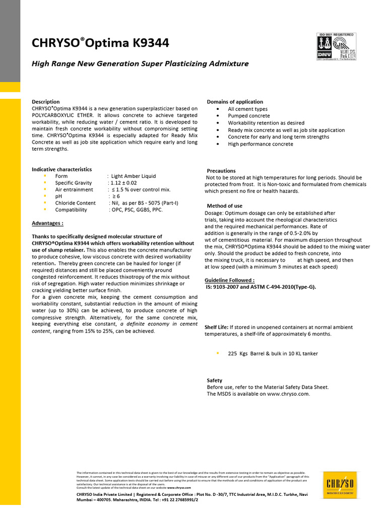 TDS Chryso Optima K9344 | PDF | Concrete | Cement