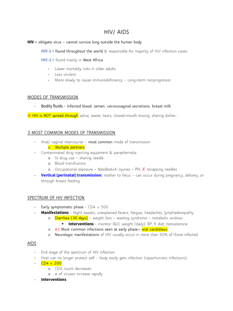 Hiv Aids Notes | PDF | Hiv/Aids | Management Of Hiv/Aids