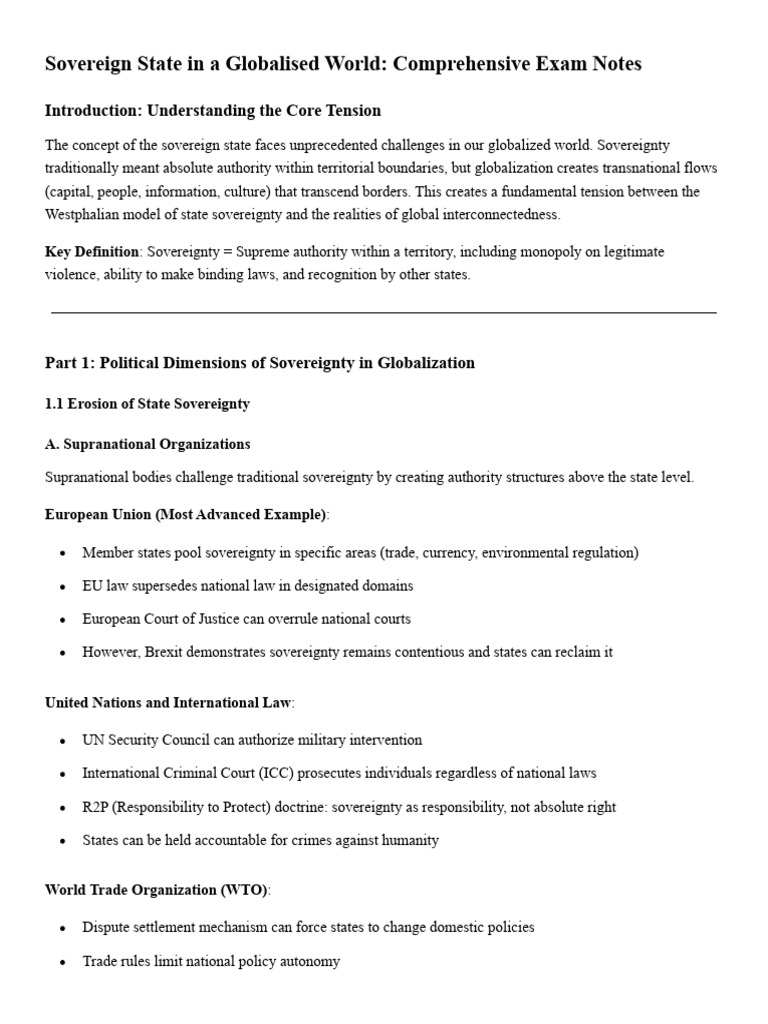 Sovereign State in a Globalised World_ Comprehensive Exam Notes | PDF ...