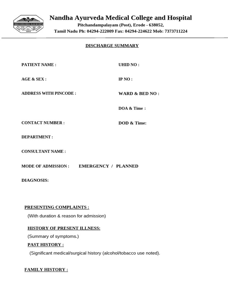 Discharge Summary Formate | PDF | Emergency Department | Medicine