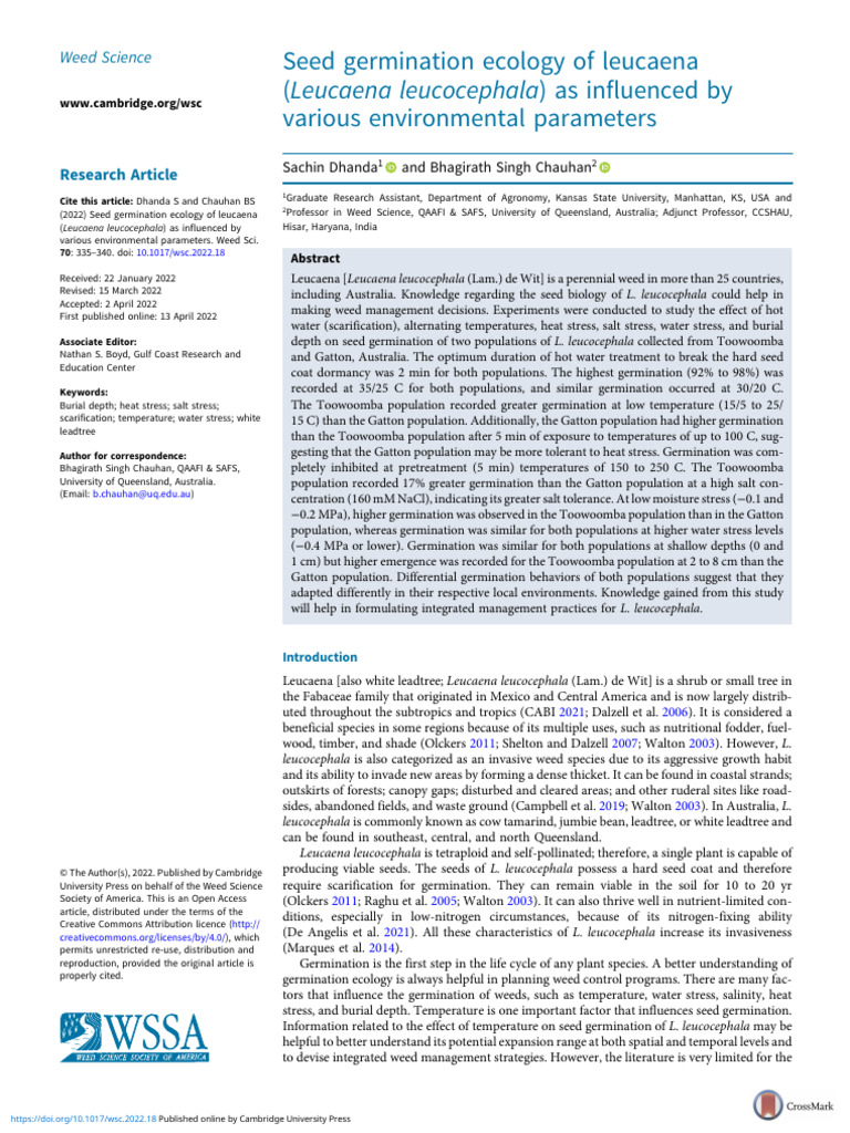 Seed Germination Ecology of Leucaena Leucaena Leuc | PDF | Germination ...