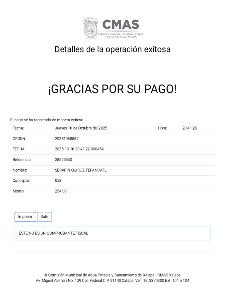 Pago registrado exitosamente - CMAS Xalapa | PDF