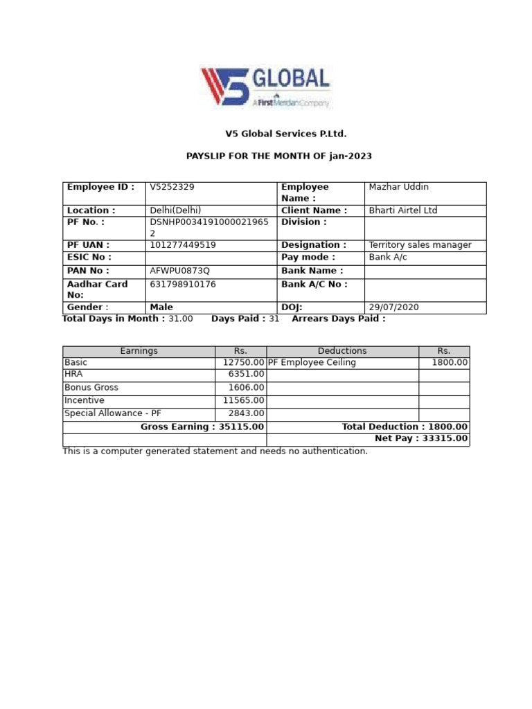 January 2023 Payslip for Mazhar Uddin | PDF