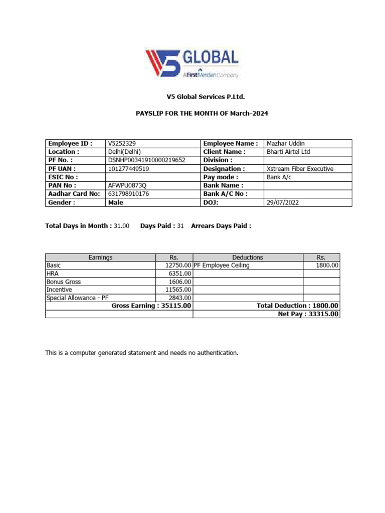 March 2024 Payslip for Mazhar Uddin | PDF