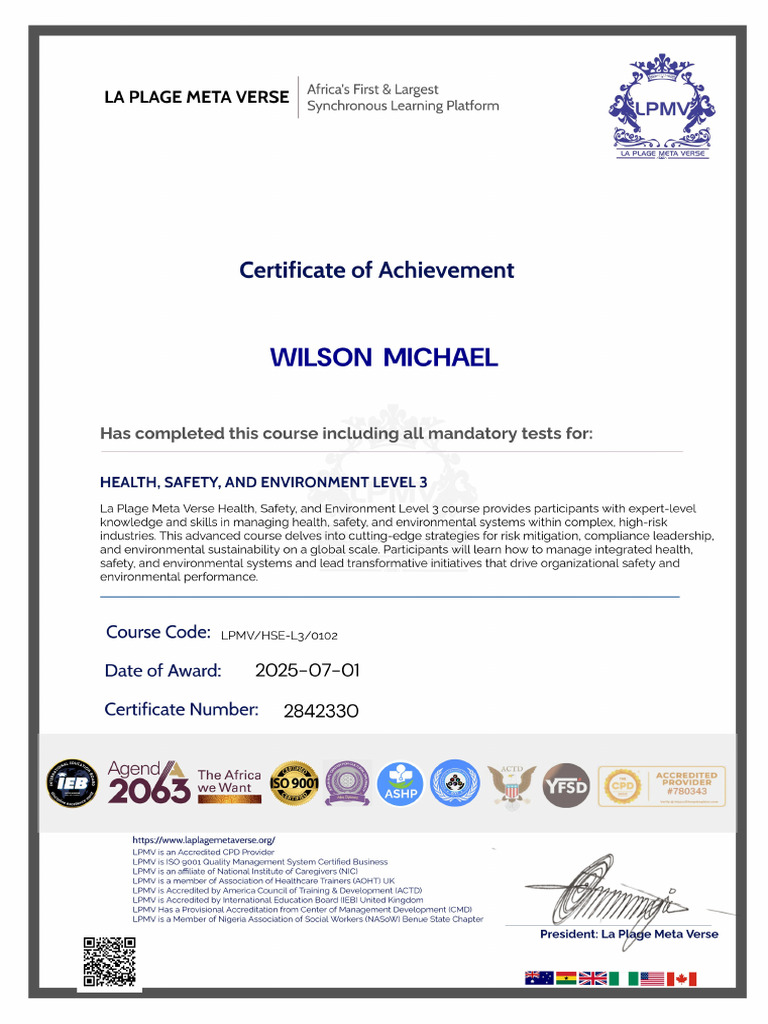Your Certificate On Health, Safety and Environment Level 3 ...