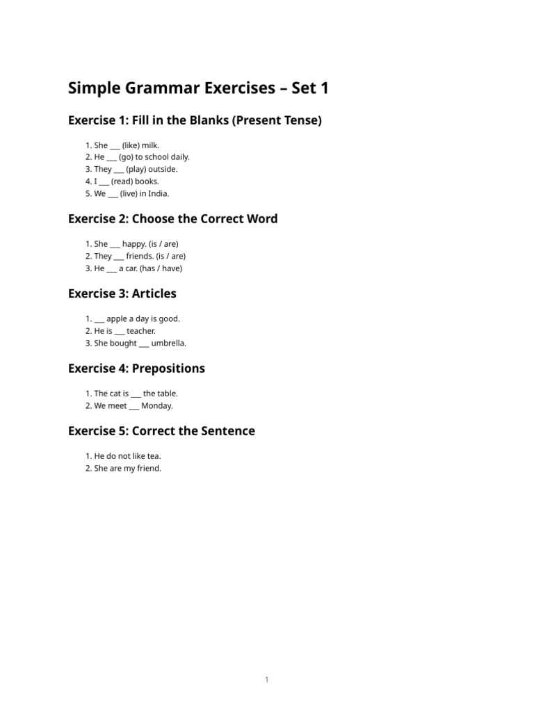 Simple Grammar Exercises - Set 1 | PDF