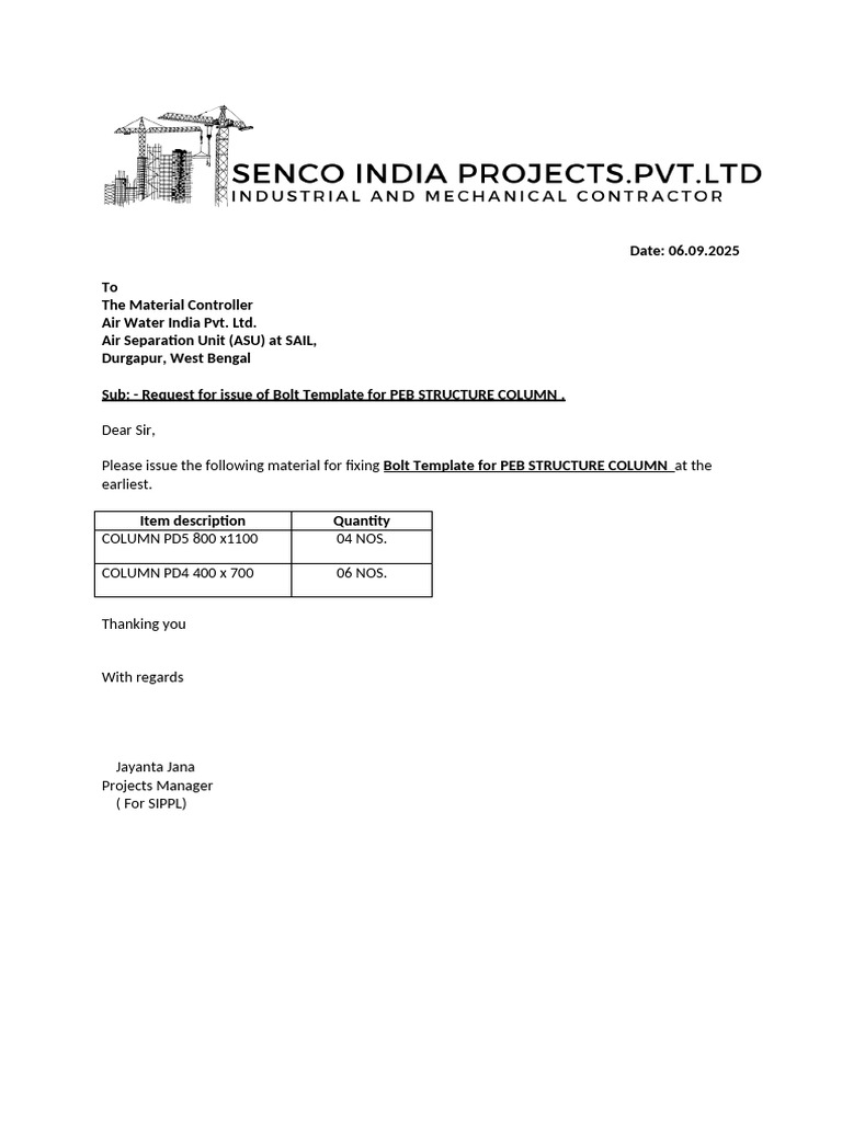 Request for Bolt Template Issuance | PDF