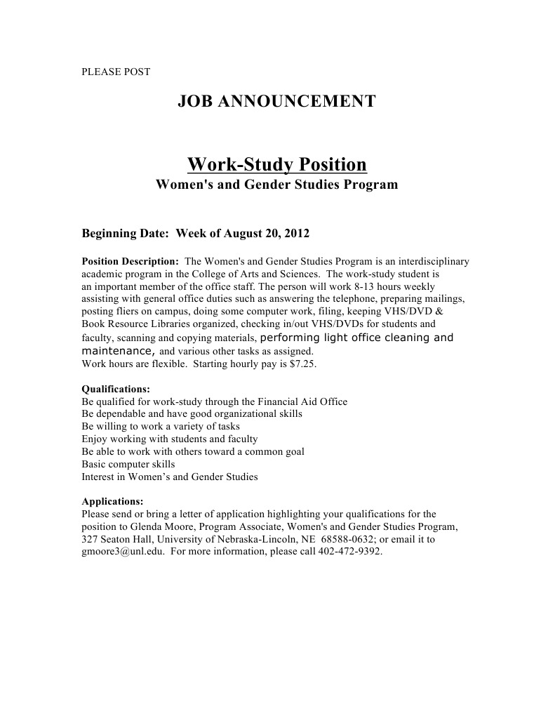 Work-Study Job in Women's Studies Program | PDF