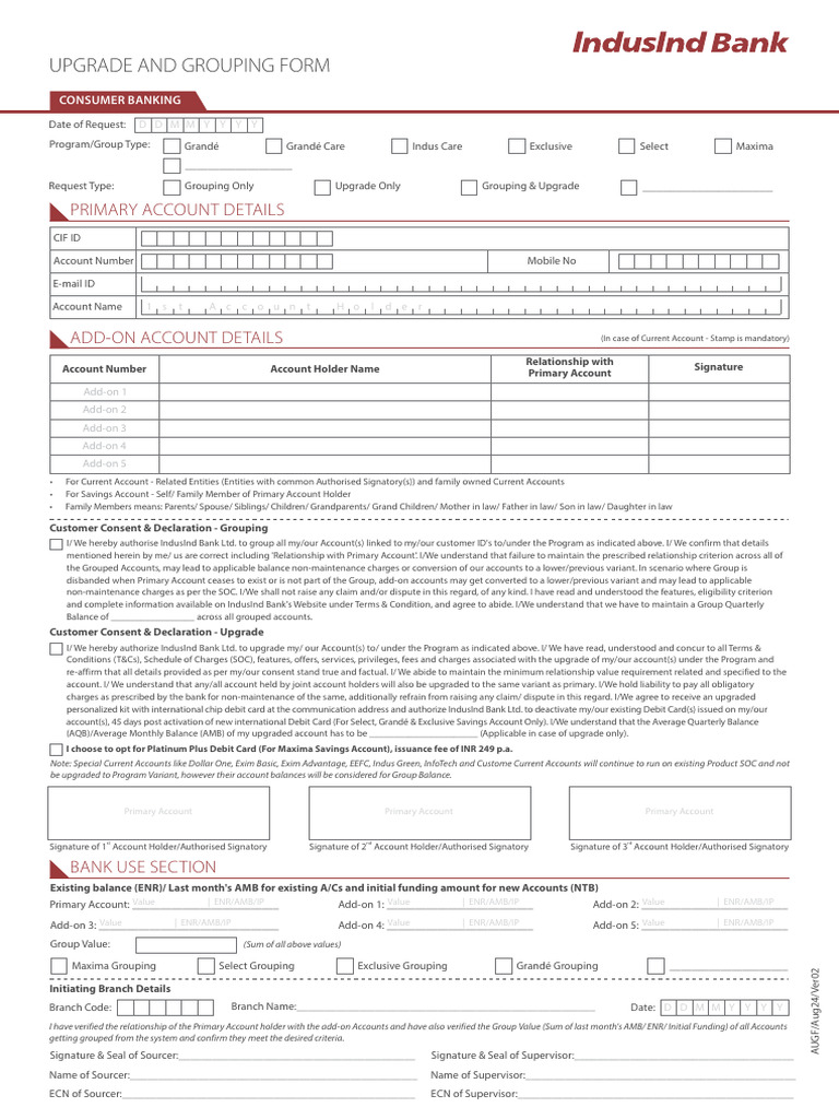 IndusInd Bank Account Grouping Form | PDF | Debits And Credits | Debit Card