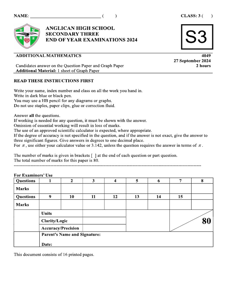 Additional Math 3E EYE of Anglican High | PDF