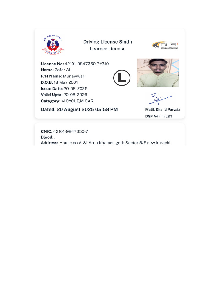 Sindh Driving License Details for Zafar Ali | PDF