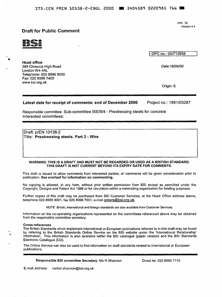 Draft Standard for Prestressing Steel Wire | PDF