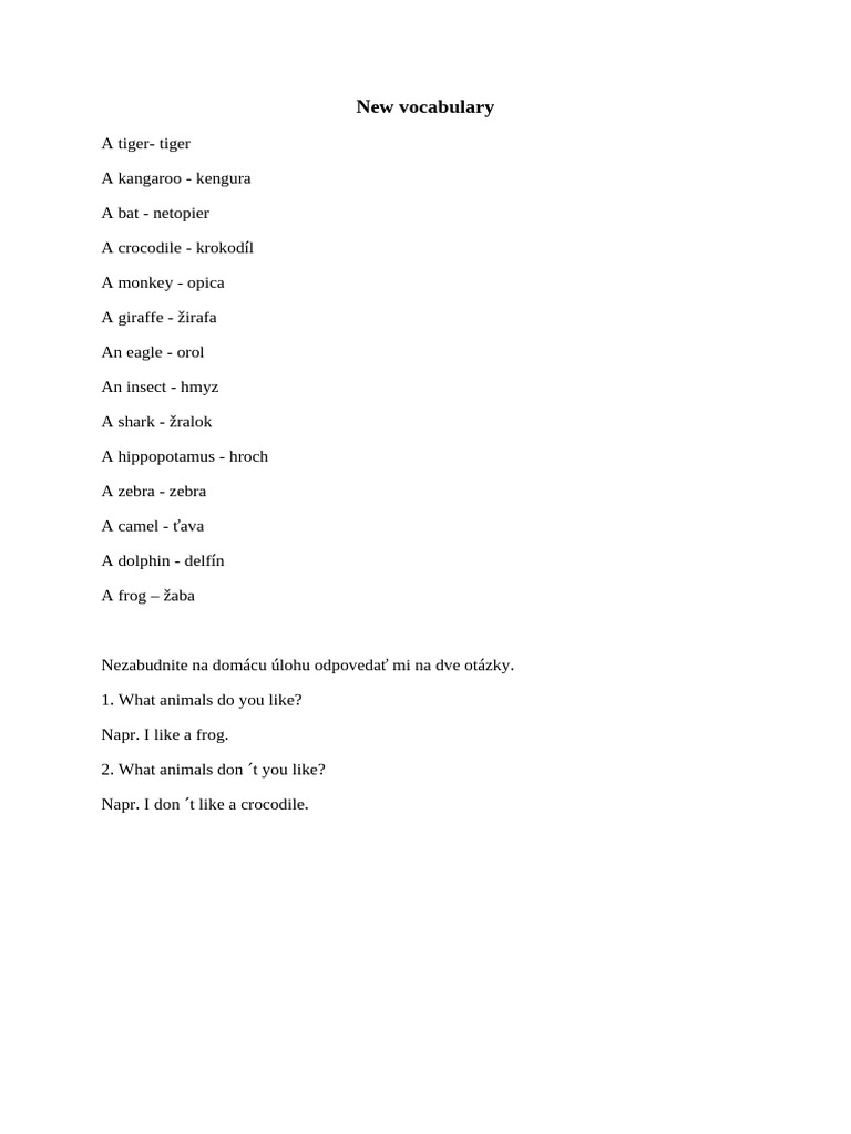 Vocabulary - New Wild Animals Questions I Like, Don T Like | PDF