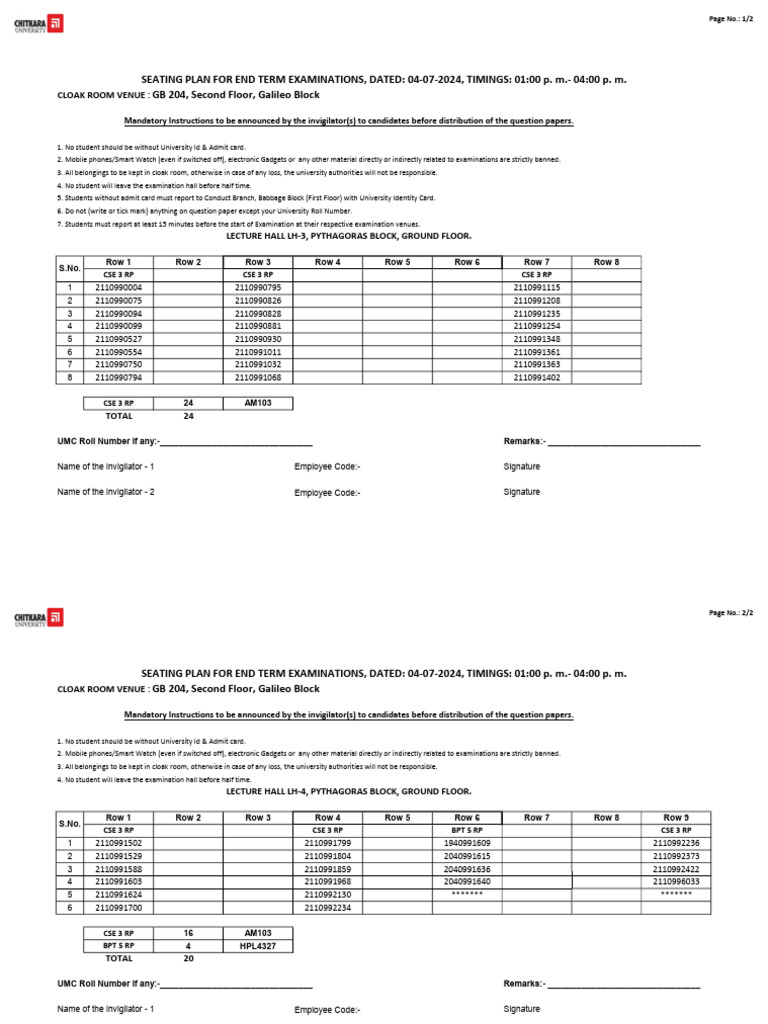 Circular 20240703155119 Seating Plan 04.07.2024 Evening Session | PDF