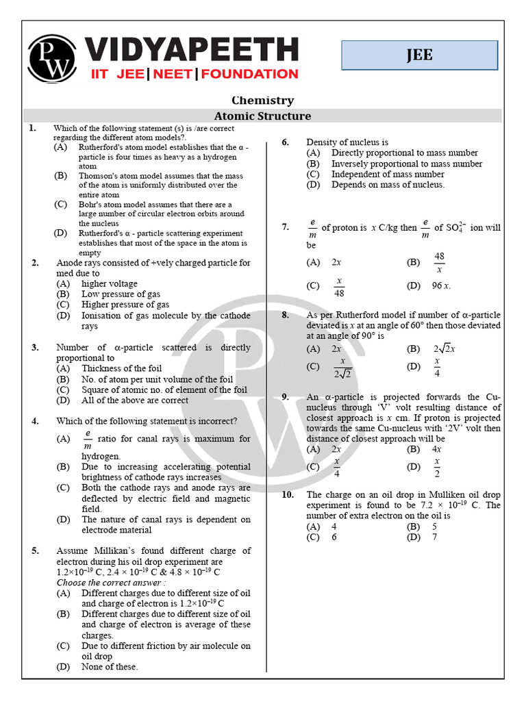1. Q.P._ Atomic Structure_Chemistry_J.T. Sir | PDF | Atoms | Electron