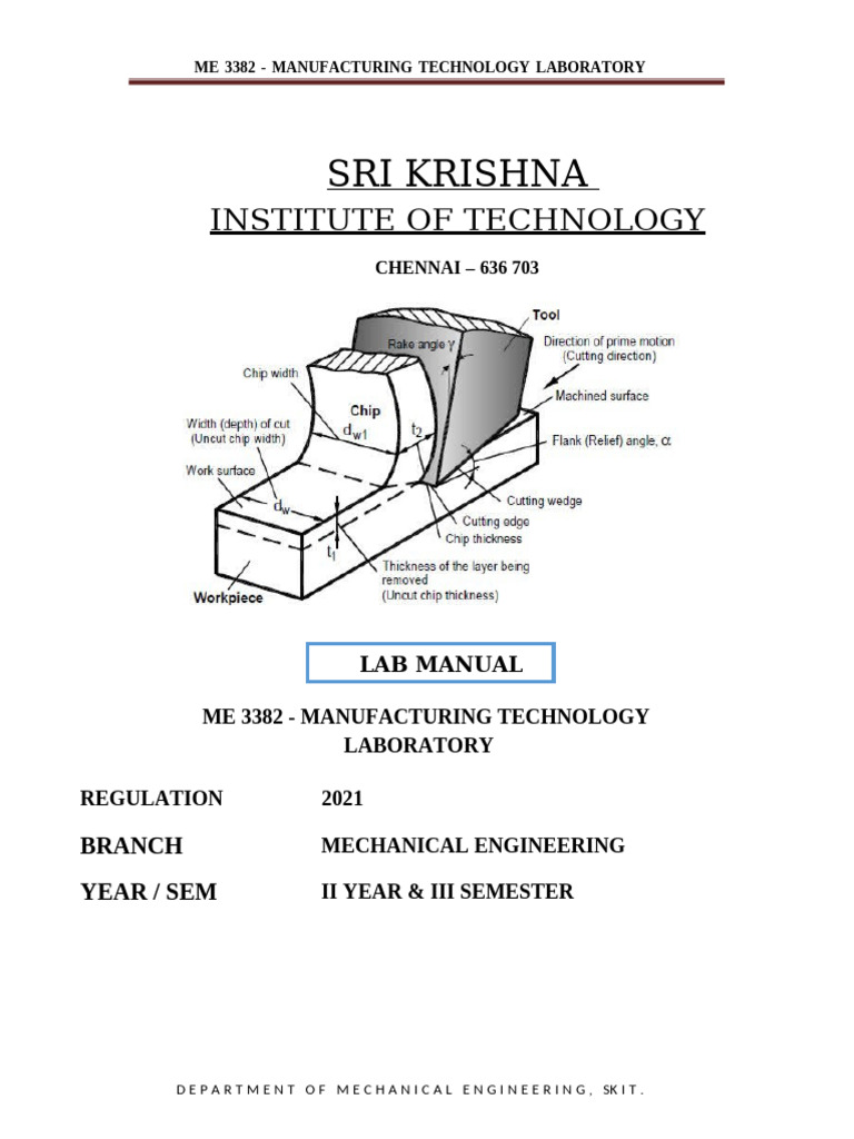 Manufacturing Technology Lab Manual | PDF | Gear | Welding