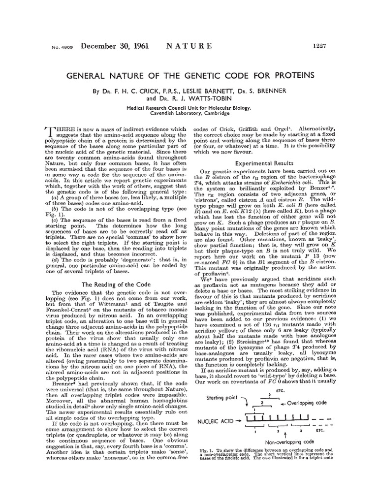 Crick General Nature of The Genetic Code For Proteins | PDF