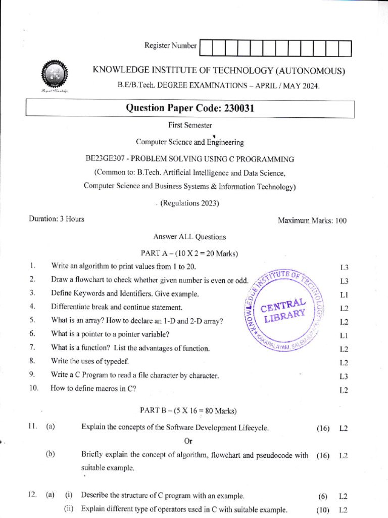 kiot PROBLEM SOLVING USING C PROGRAMMING APR MAY 2024 (1) | PDF | Pointer (Computer Programming ...