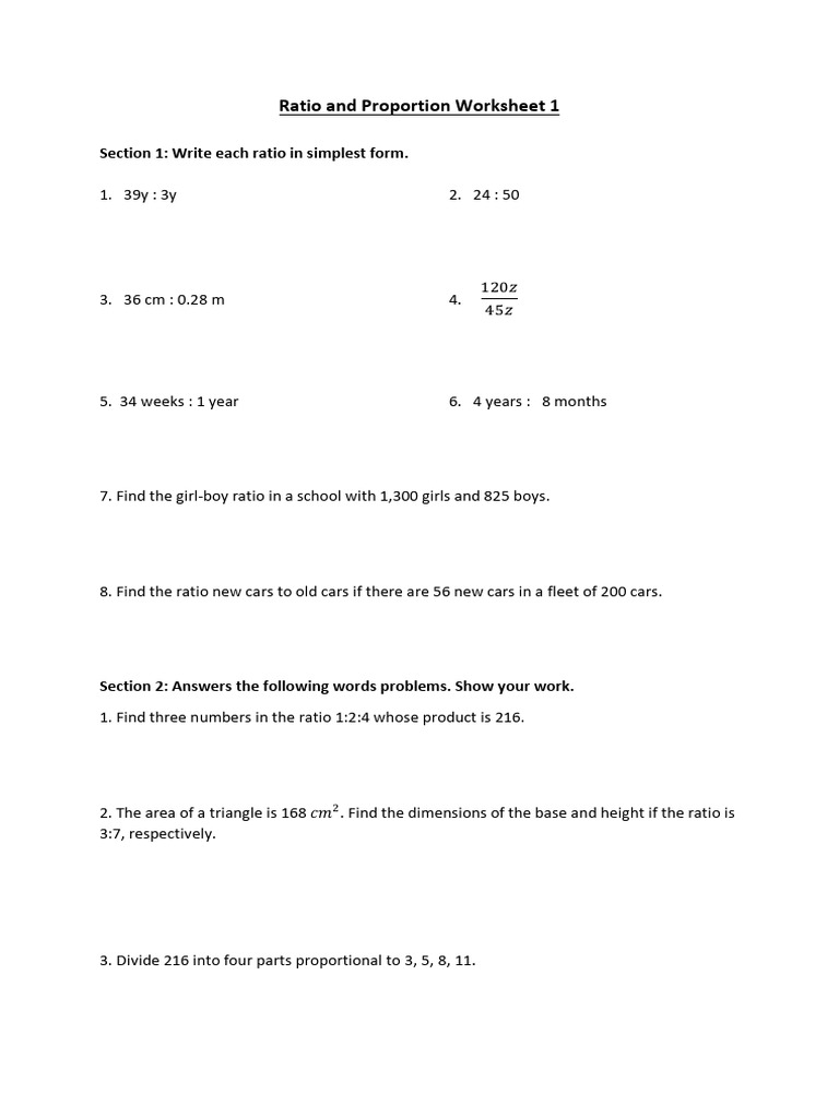 Ratio and Proportion Worksheet 1 | PDF