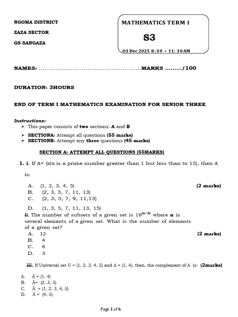 Senior Three Mathematics Exam Paper | PDF | Equations | Real Number
