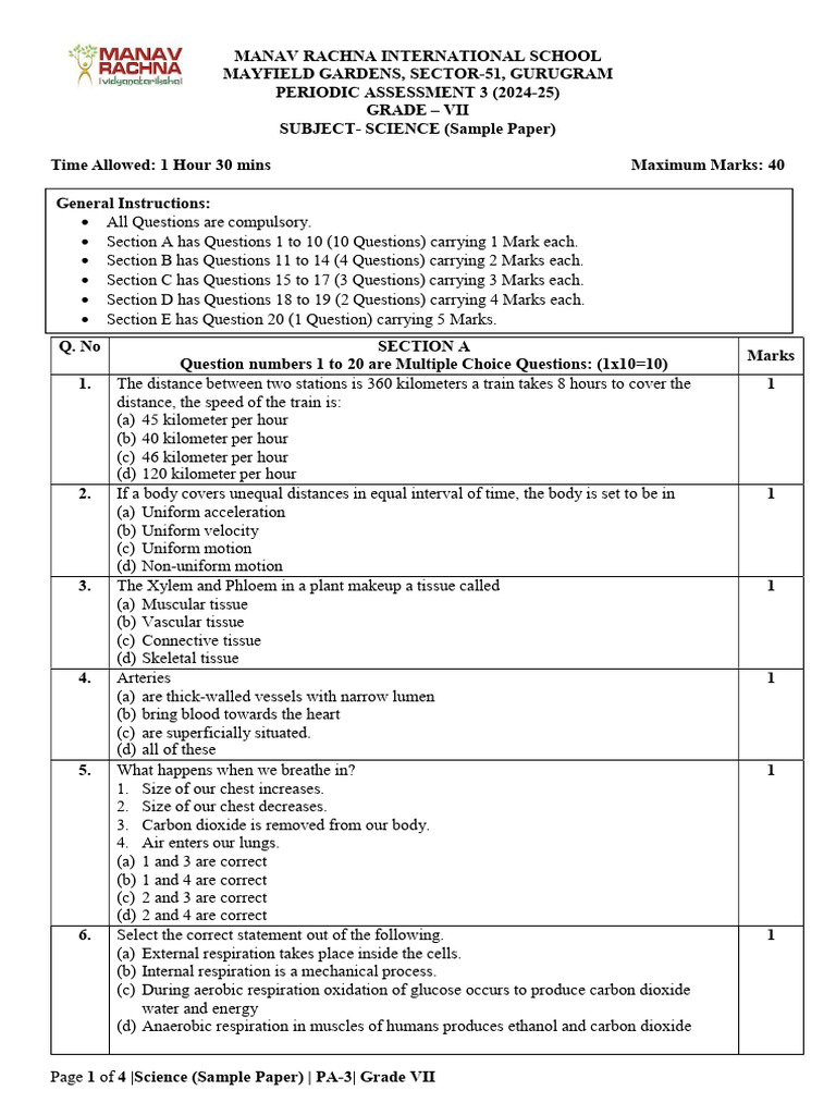 Grade VII Science PA 3 Sample Paper | PDF | Cellular Respiration ...