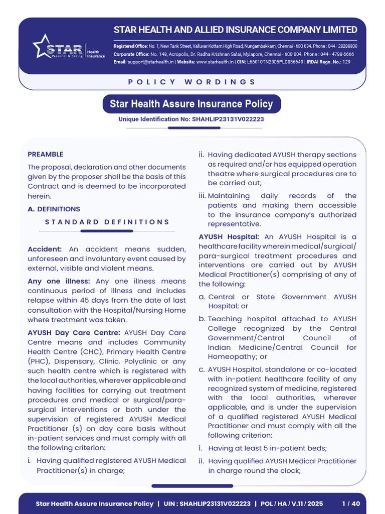 Policy Star Health Assure Insurance Policy v 9 c53663e68a | PDF ...