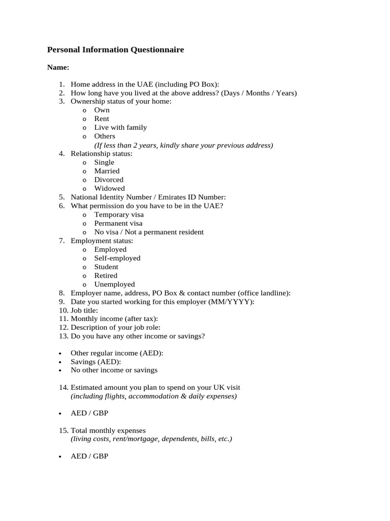 UAE Personal Information Questionnaire | PDF | Cost Of Living | Travel Visa
